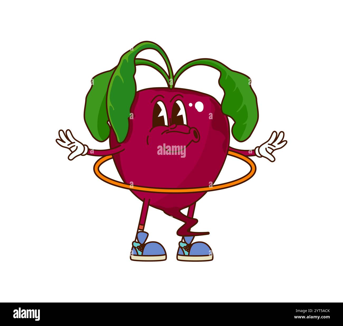 Cartoon groovy beetroot vegetable character workout with hula hoop on ...