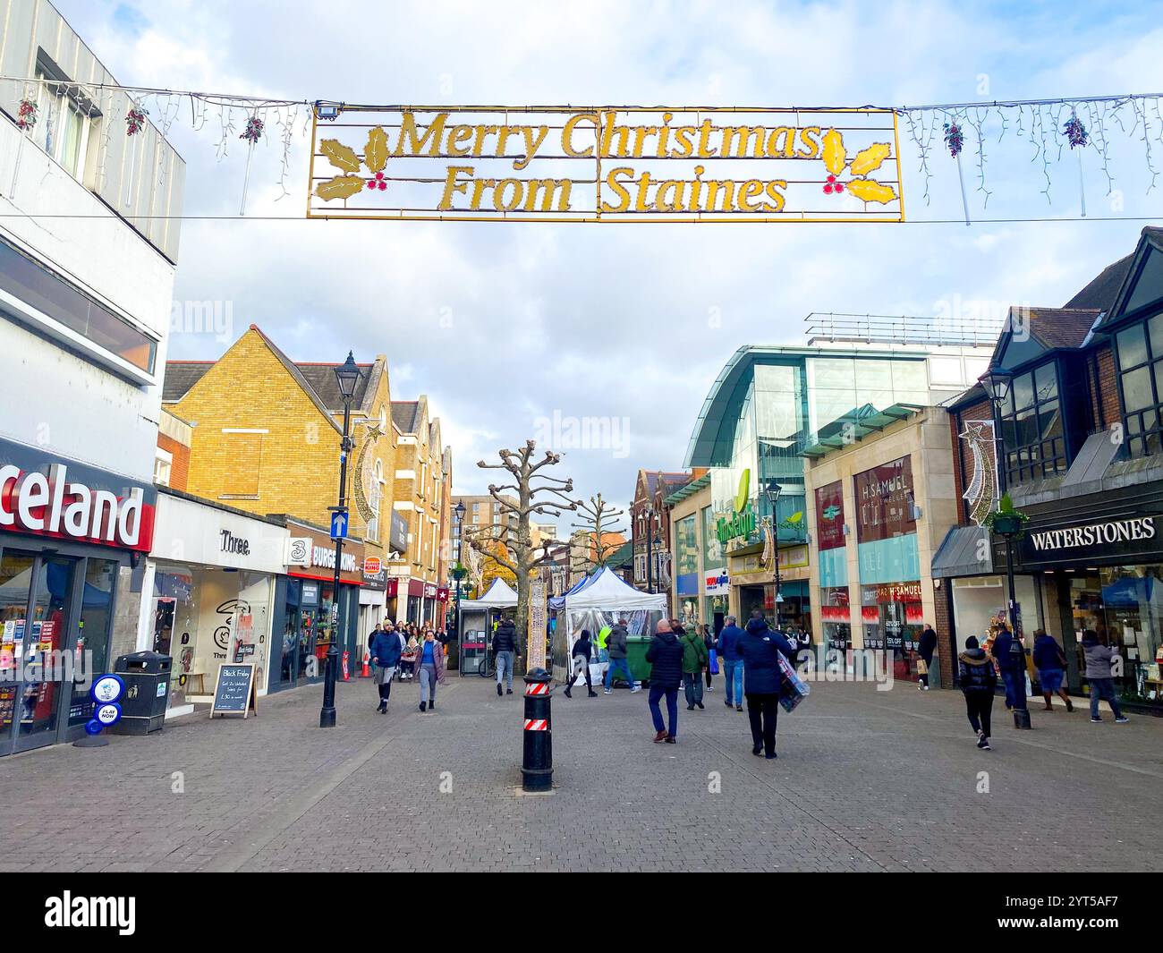 People shopping on The High Street in December in Staines-upon-Thames ...