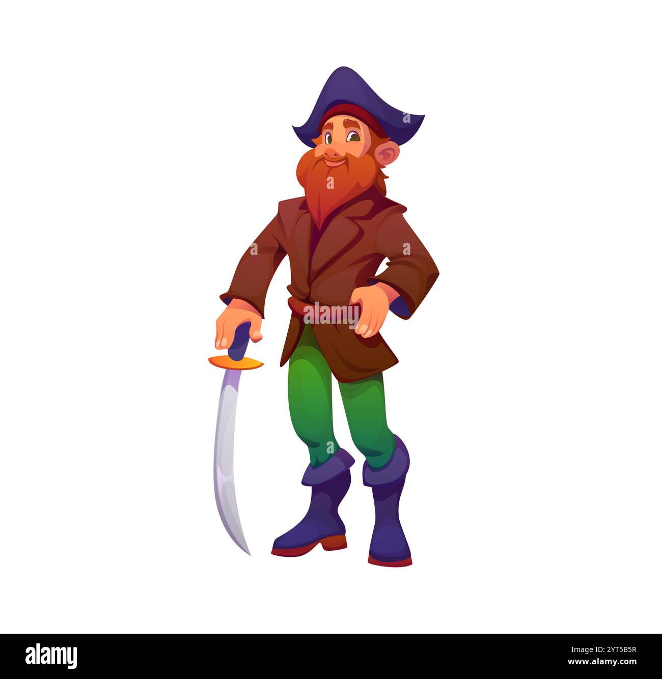 Cartoon pirate captain character, corsair seaman or sailor standing confidently with trusty ...