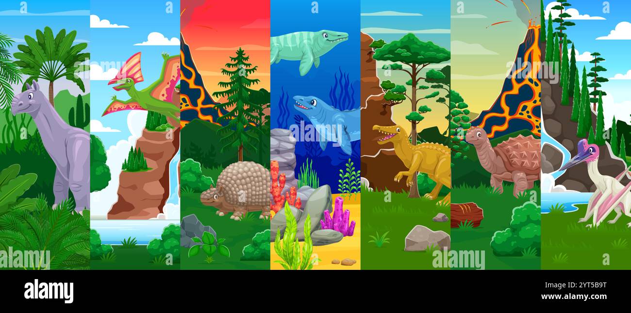 Cartoon prehistoric dinosaur characters collage of Jurassic lizards ...