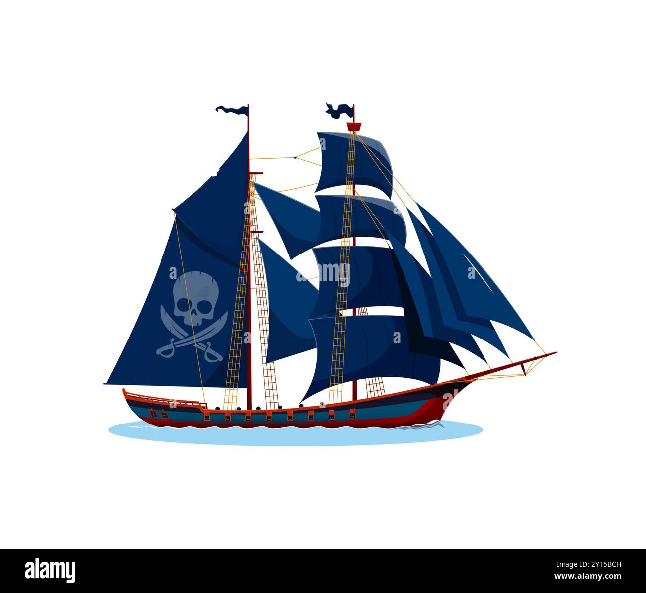 Pirate ship with black sails, skull and crossbones symbol. Isolated ...