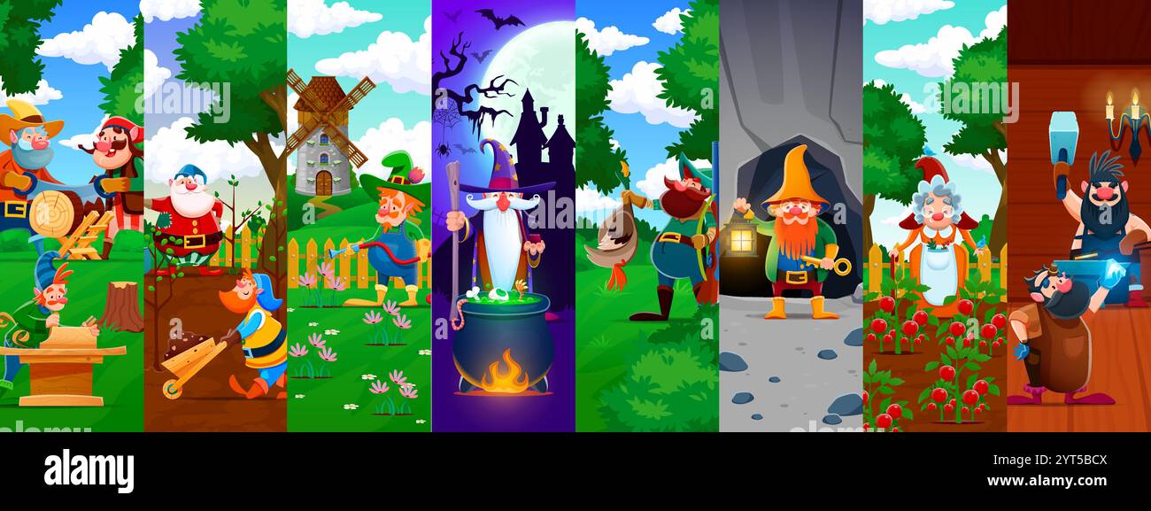 Cartoon dwarf and gnome characters collage. Vector fantasy wizard and ...