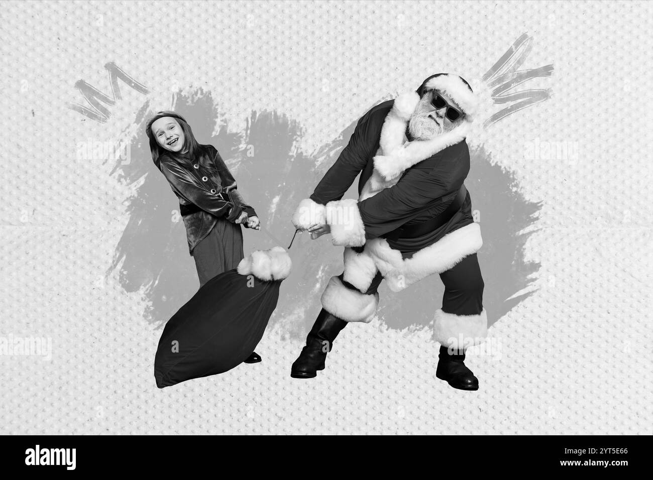Collage poster of funny santa claus wear sunglass drag big heavy gifts ...