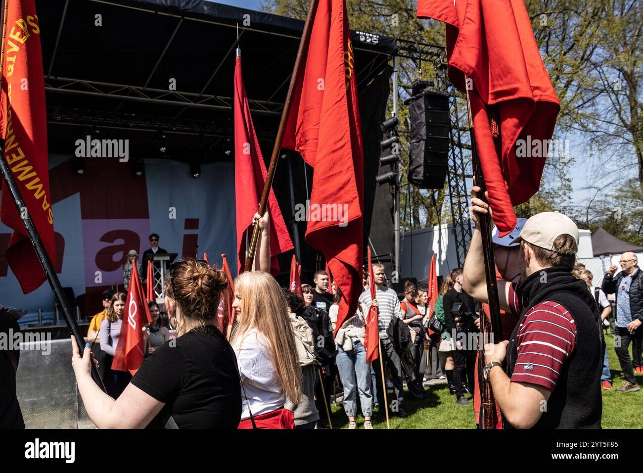 Flag march marking at the International Workers Day in Faelledparken ...