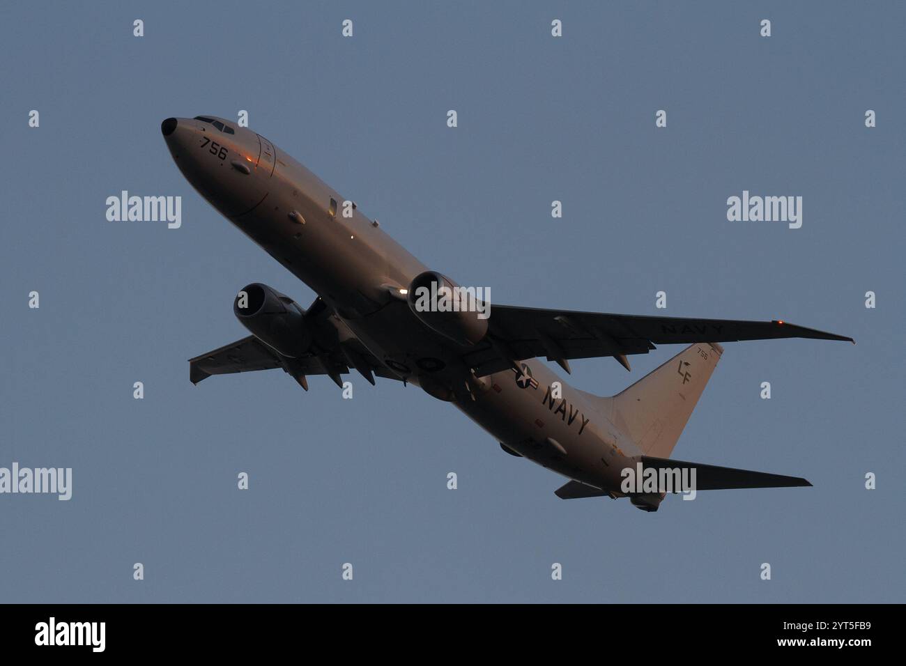 A Boeing P8A Poseidon with the US Navy Patrol Squadron 16 (VP-16) flying near NAF Atsugi airbase ...