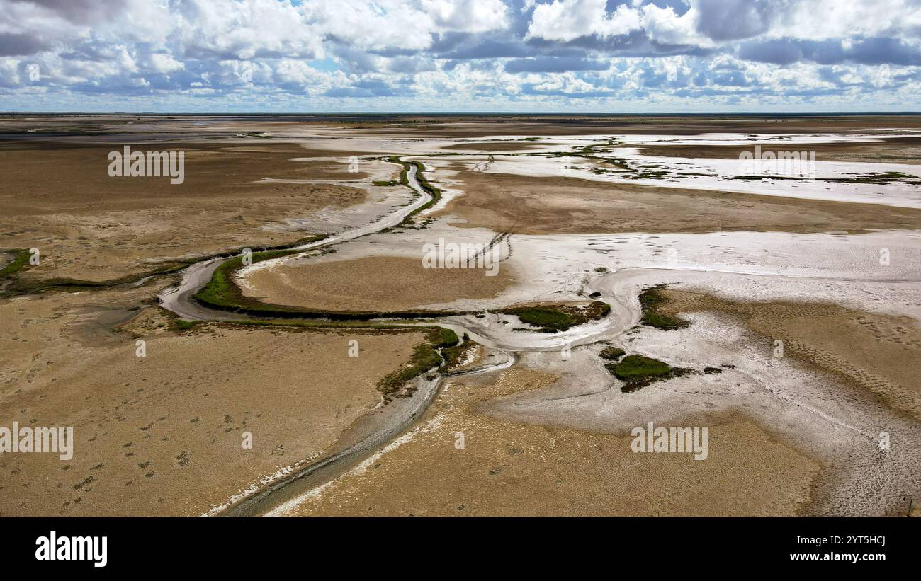 An expansive aerial view showcases a vast marshland, featuring winding ...
