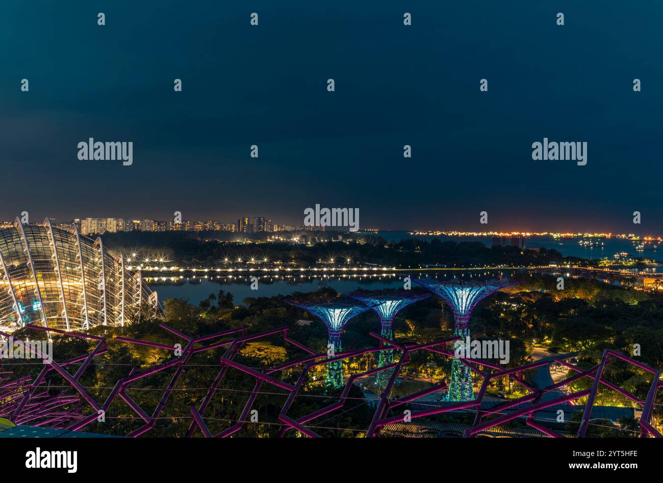 Illuminated skyline of Singapore and the busy shipping lanes during the ...