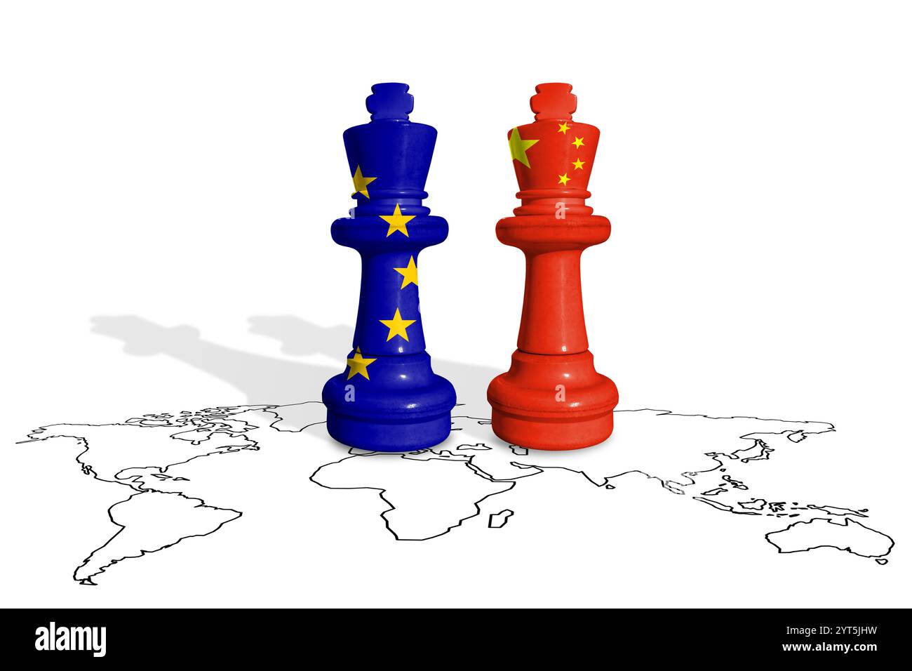 Chess made from EU and China flags on a world map. Europe Union and ...