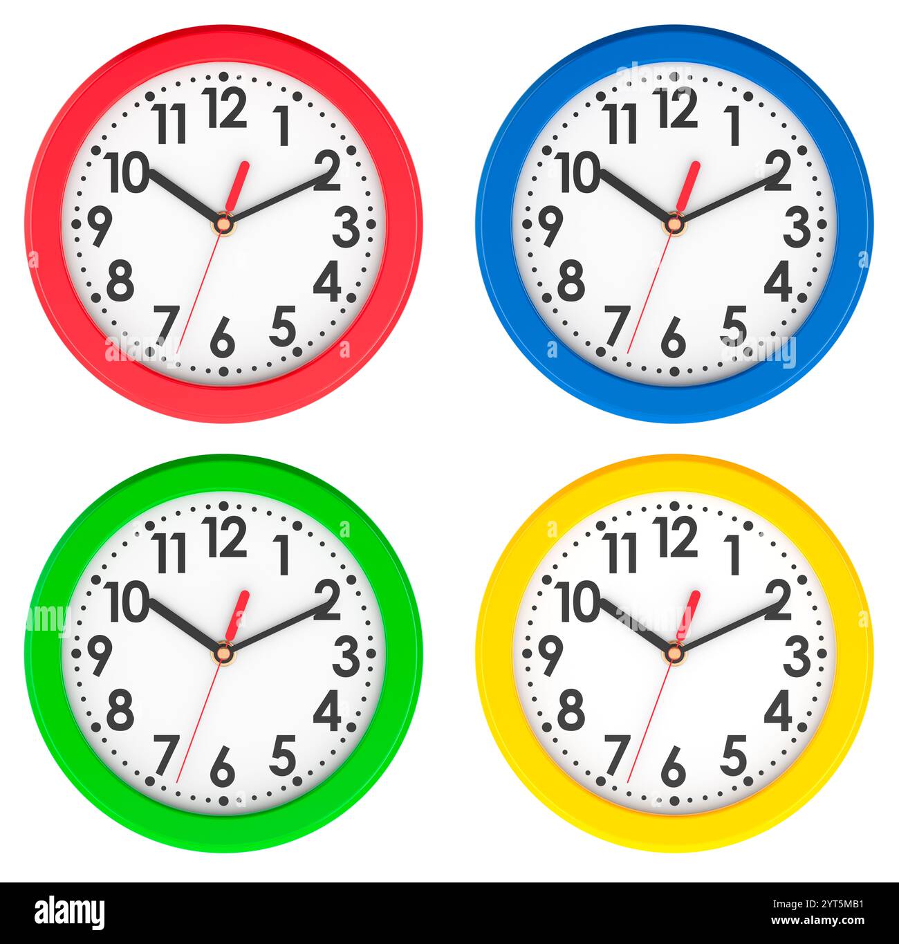 Colored Wall Clocks, front view. 3D rendering isolated on white ...