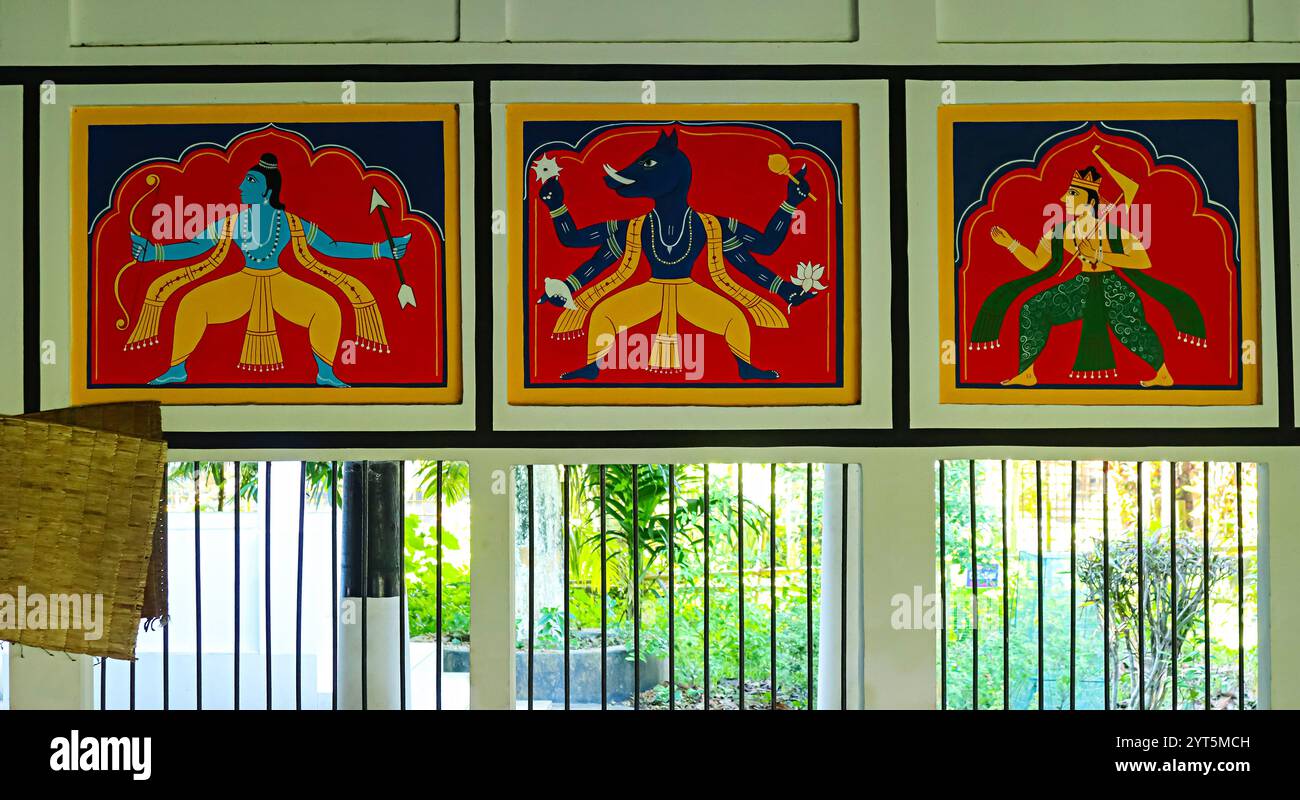 Interior view of Uttara Kamalabari Satra showcasing paintings of Sri Krishna in numerous forms ...