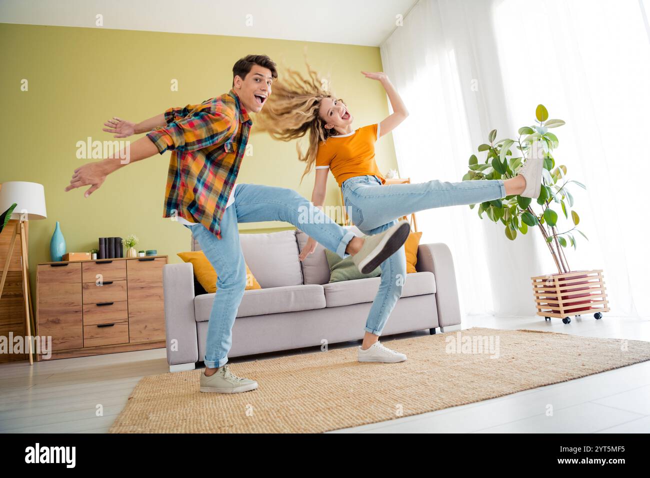 Full size photo of cute young couple dancing have fun cozy day light ...