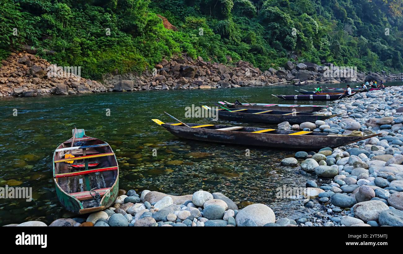 Tourist ferry boats on the pristine waters of Dawki River, Meghalaya ...