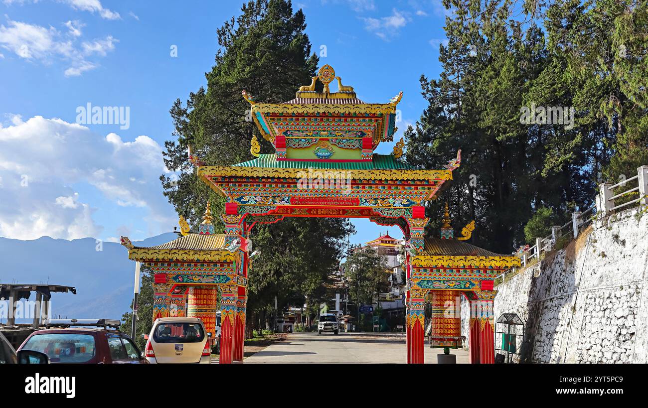 Grand entrance gate of Tawang Monastery showcasing intricate Buddhist ...