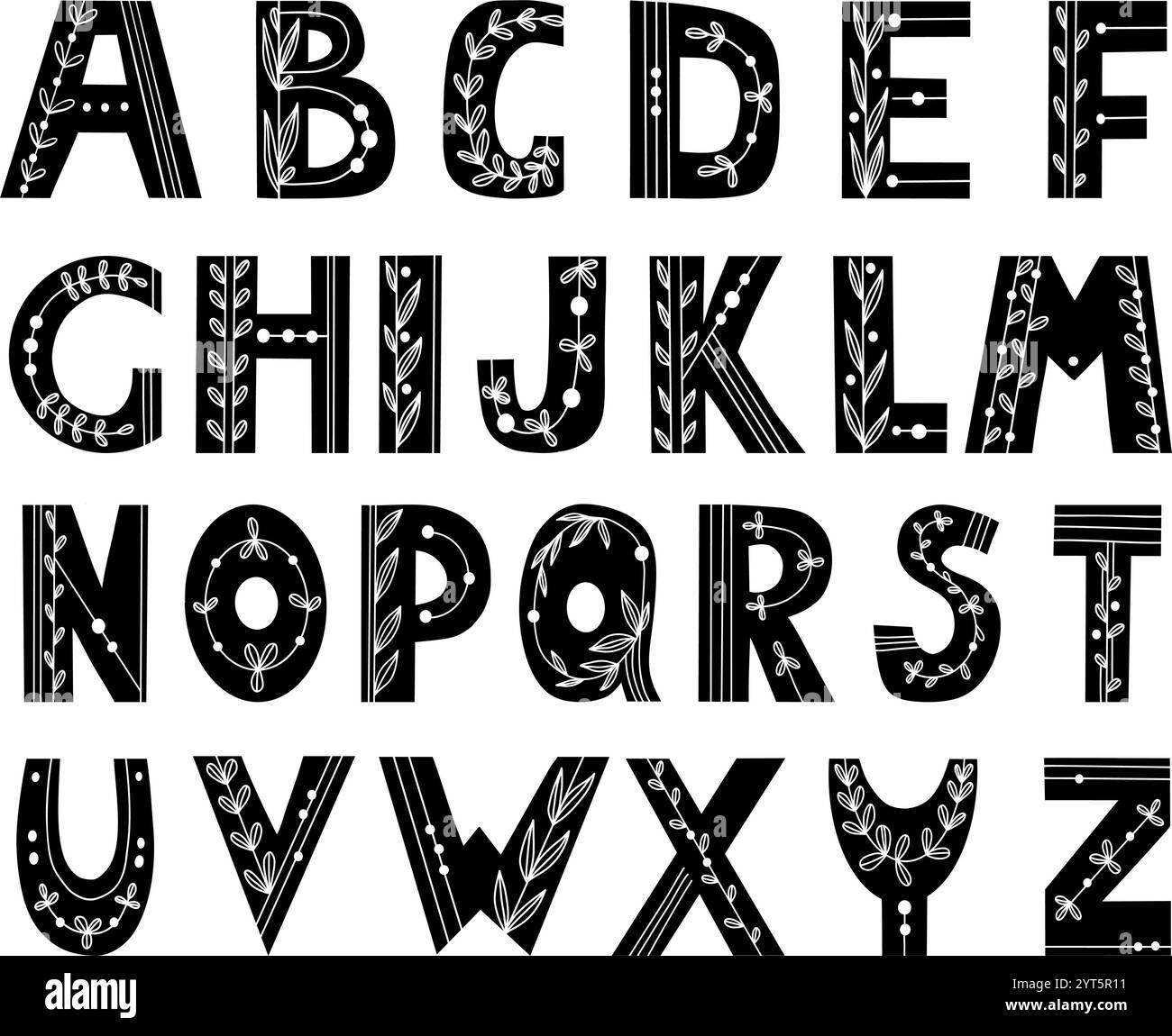 Hand-drawn Decorative Alphabet with Botanical floral pattern. Vector ...