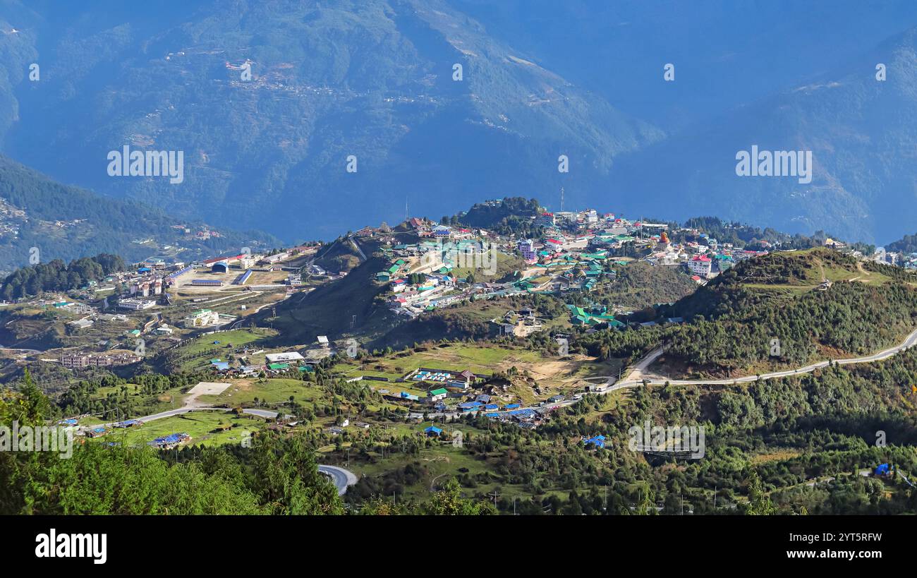 Aerial view of Tawang town nestled in the Himalayan foothills, Tawang ...