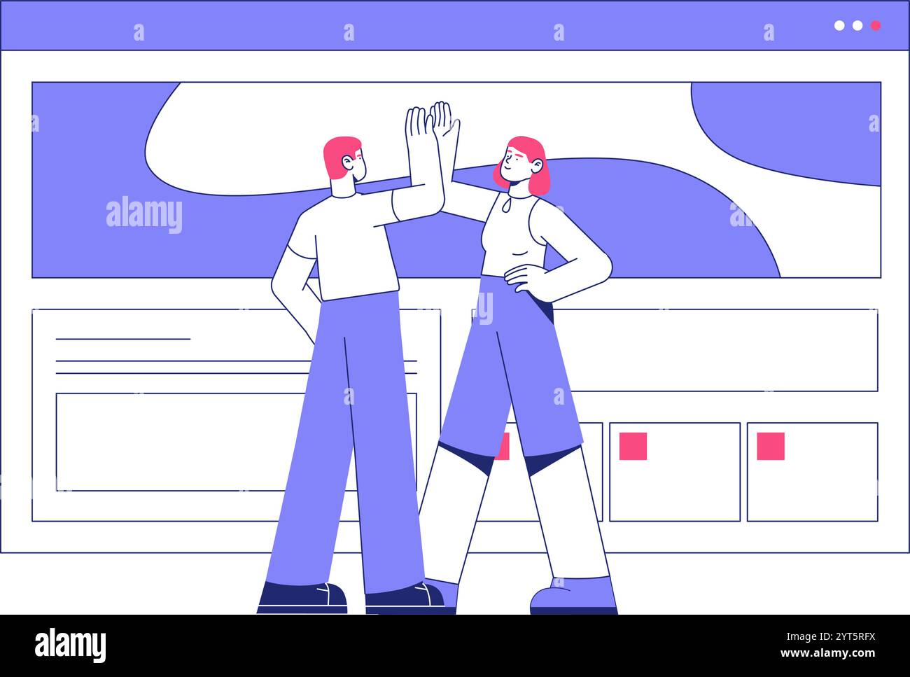 Two Designers High Fiving In Front Of A Website Interface In Flat ...