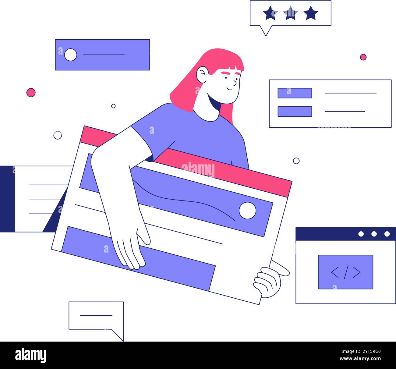 Female Character Holding Website Template In Flat Vector Illustration ...