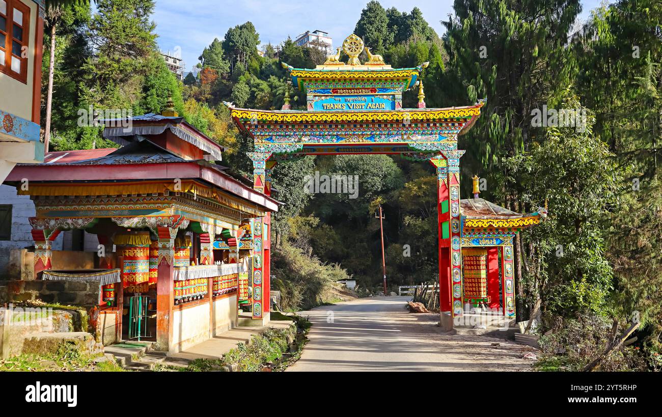 Historic main entrance of Tawang Monastery with traditional Buddhist ...