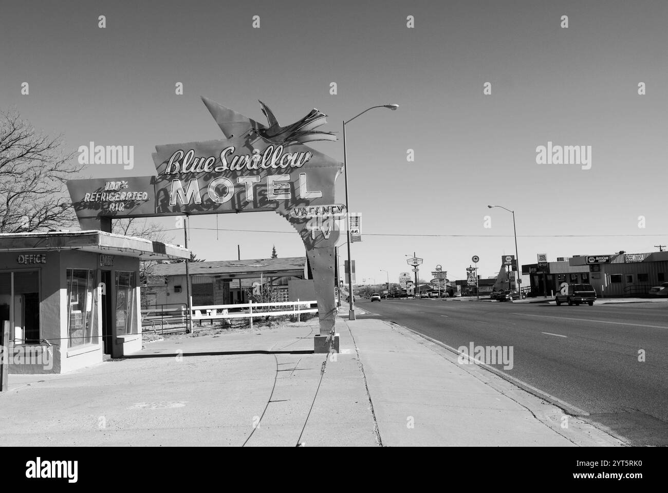 Iconic Blue Swallow Motel neon sign glowing at twilight in Tucumcari ...