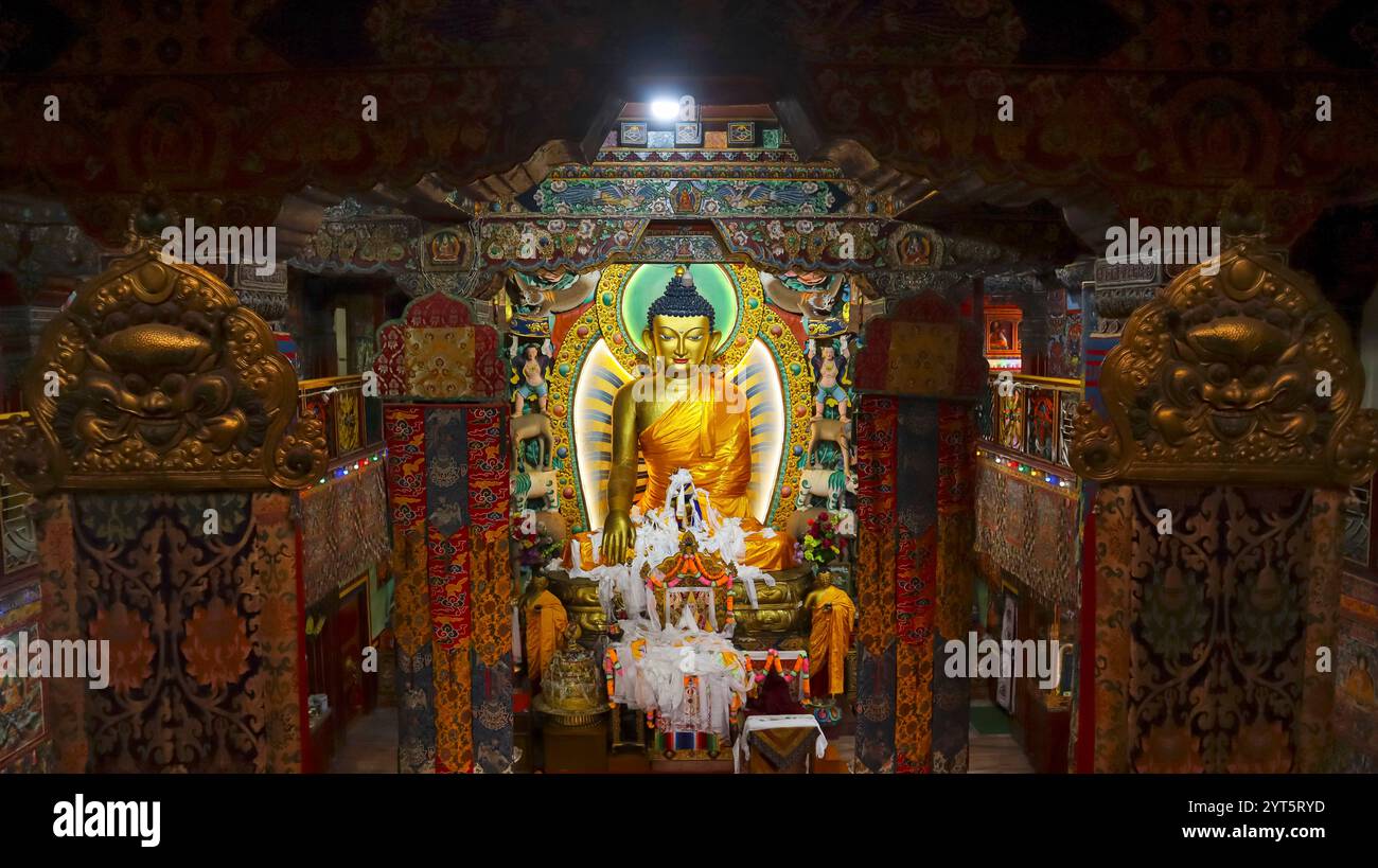 Magnificent statue of Lord Buddha within the prayer hall of Tawang ...