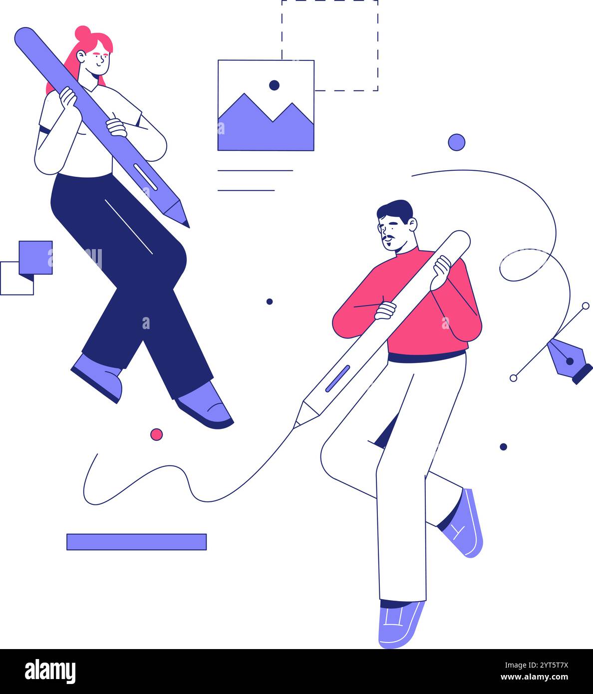 Male And Female Characters With Oversized Pens In Flat Vector ...