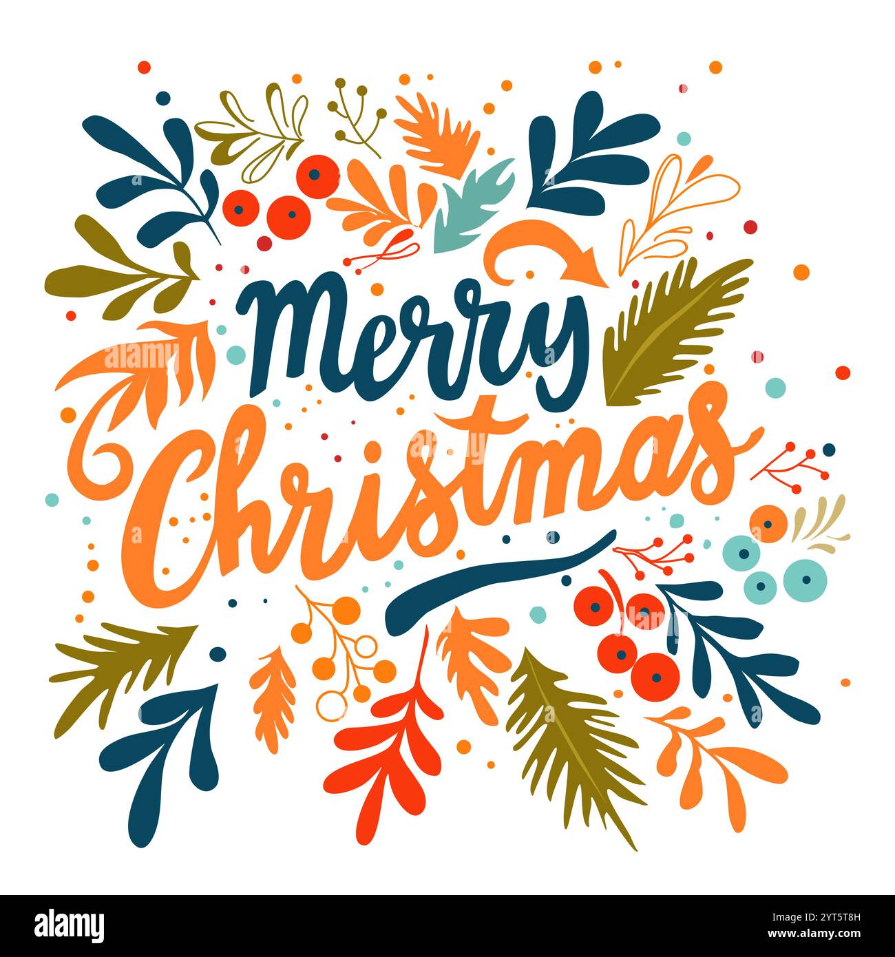 Vector elegant blue lettering for Christmas with orange leaves and red ...