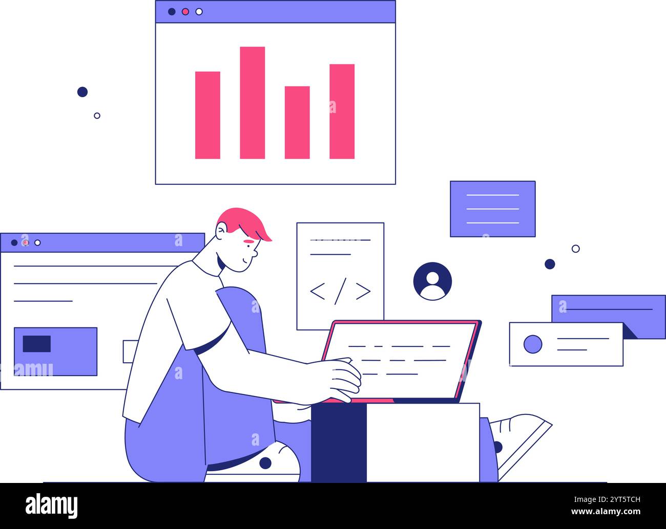 Male Developer Working With Data On Laptop In Flat Vector Illustration ...