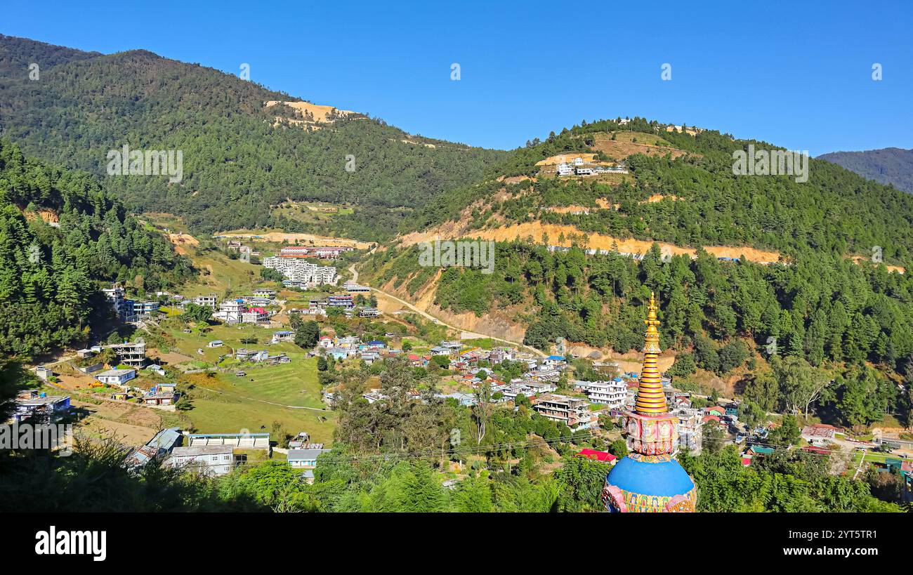 Picturesque view of Dirang village as seen from the monastery, offering serene natural beauty ...