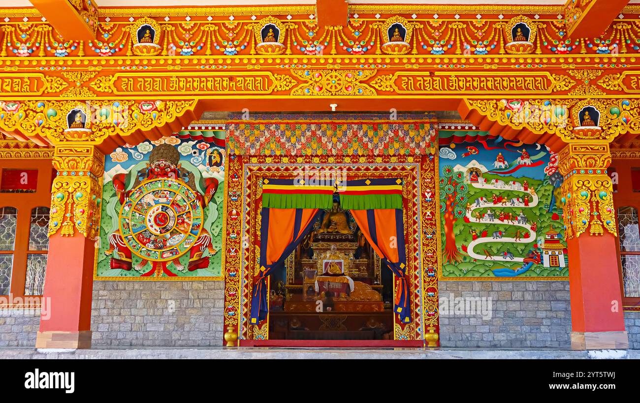Ornate entrance to the prayer hall of Thupsung Dhargye Ling Buddhist ...