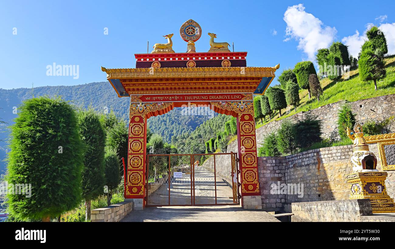 Entryway to the campus of Thupsung Dhargye Ling Monastery, welcoming ...