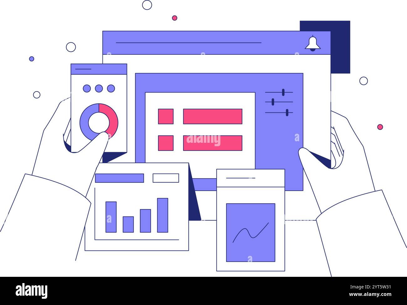 Hands Holding Analytical Tools And Charts In Flat Vector Illustration Symbolizing Data Analysis ...