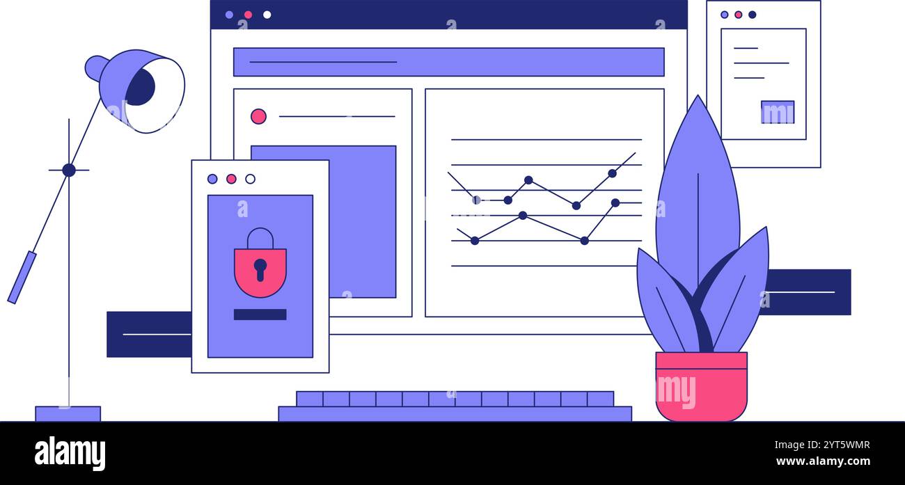 Desktop Interface With Security Lock And Analytics Graphs In Flat ...