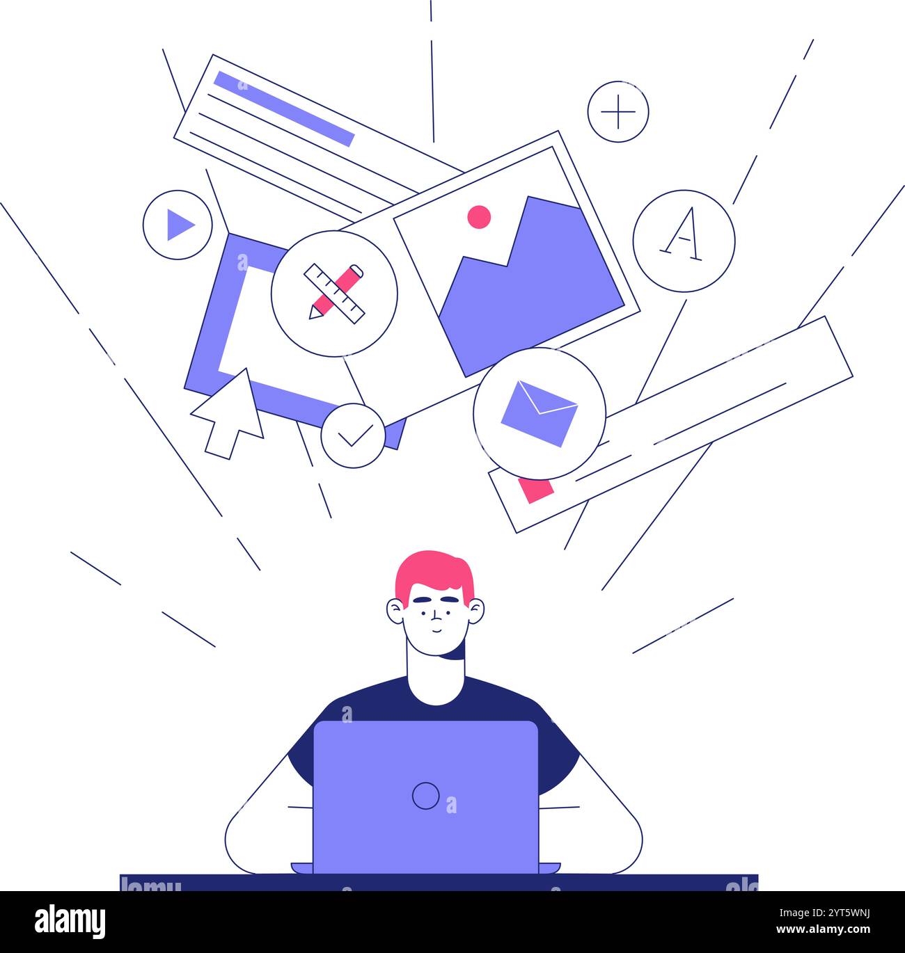 Male Developer Managing Digital Icons On A Laptop In Flat Vector Illustration Symbolizing ...