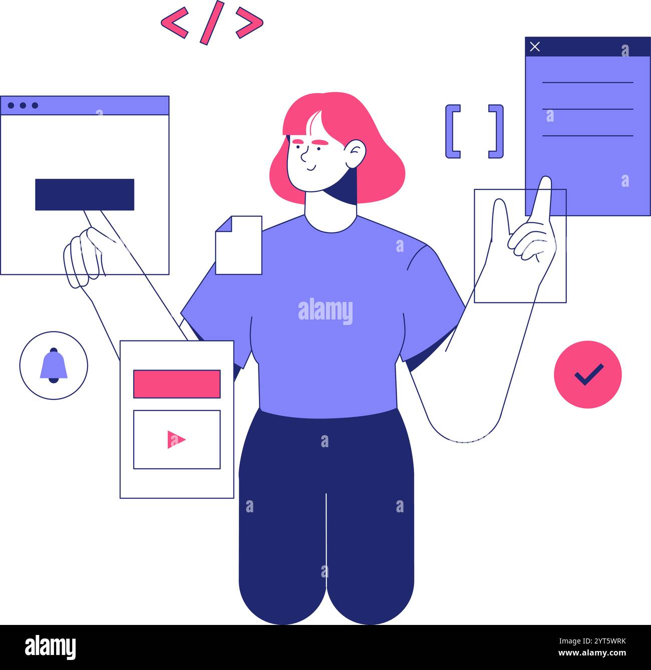Female Programmer Managing Digital Interfaces In Flat Vector
