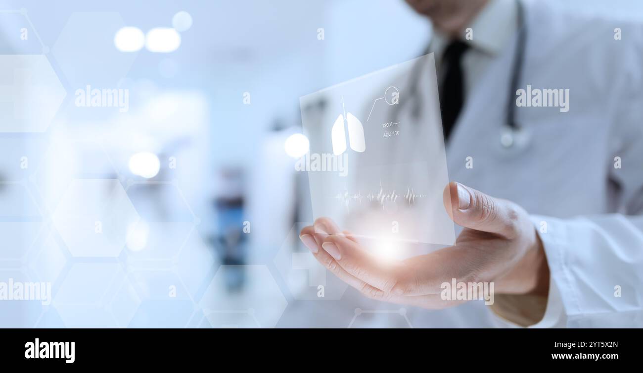 A doctor opens their palm to display a hologram of lungs with a pulse ...