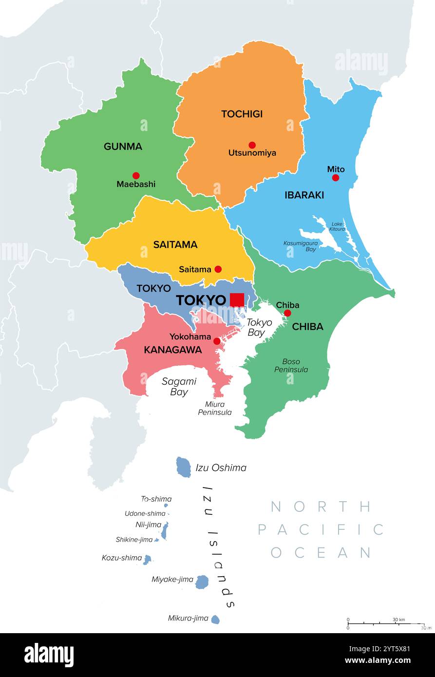 Kanto Region of Japan, colored political map. Geographical region of ...