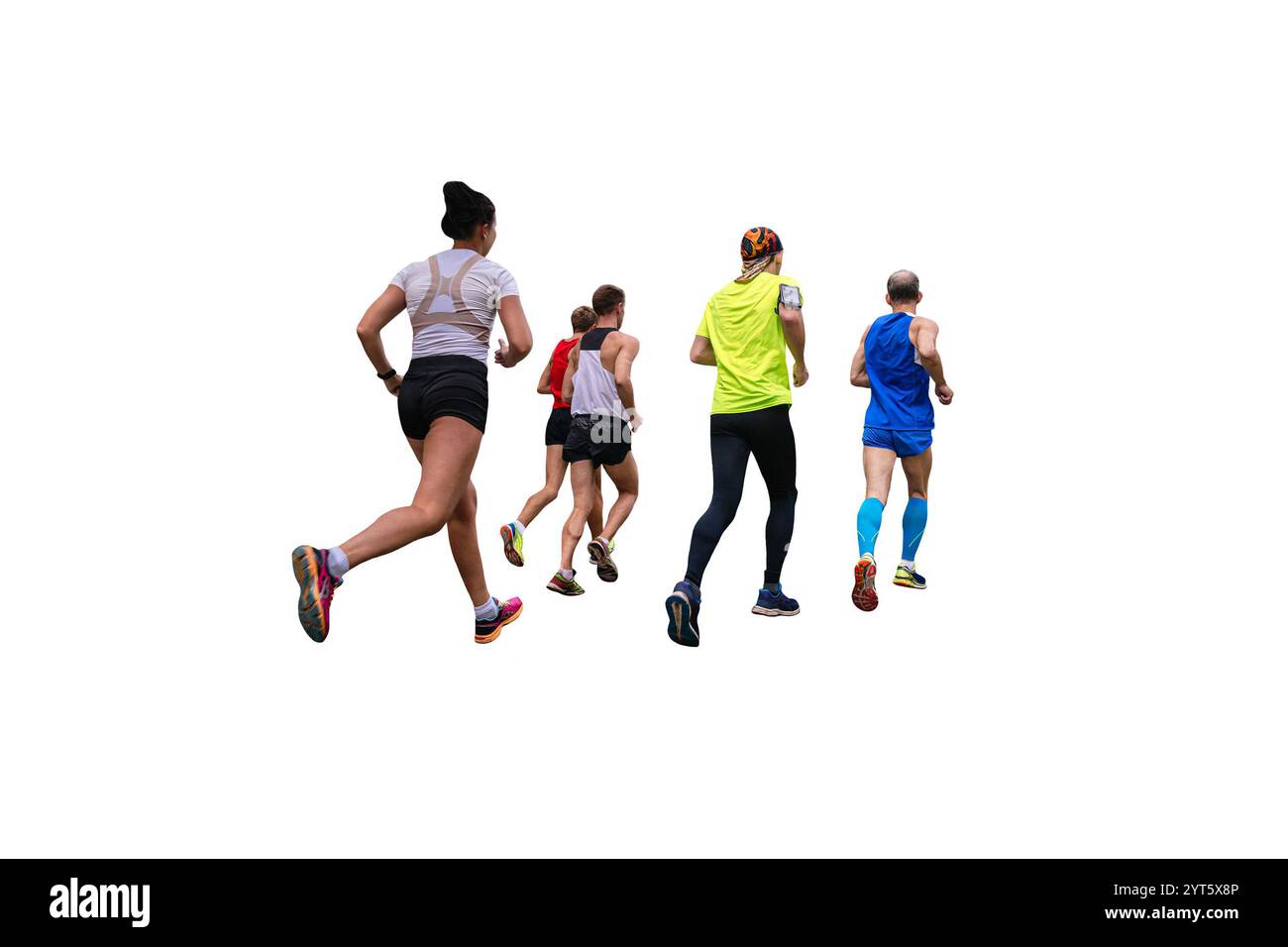 group male and female athletes running marathon race isolated on white ...