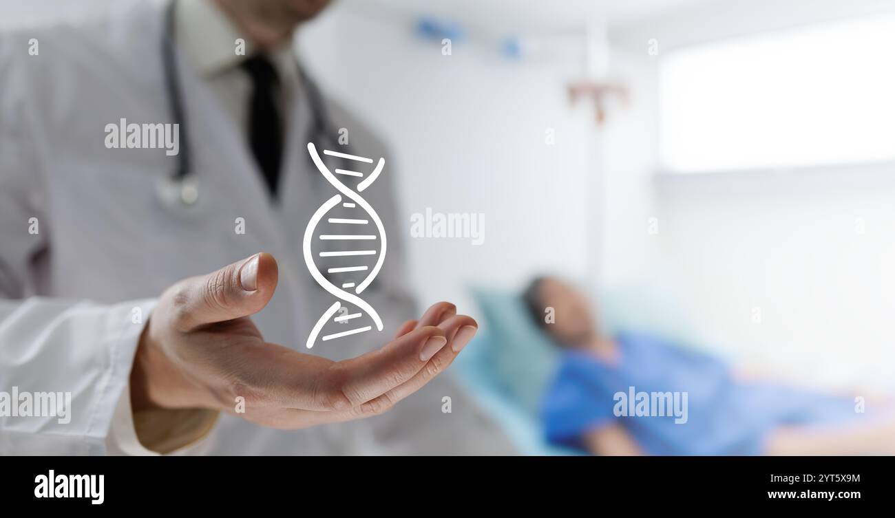 A doctor holds a DNA chain icon, symbolizing genetic research and ...