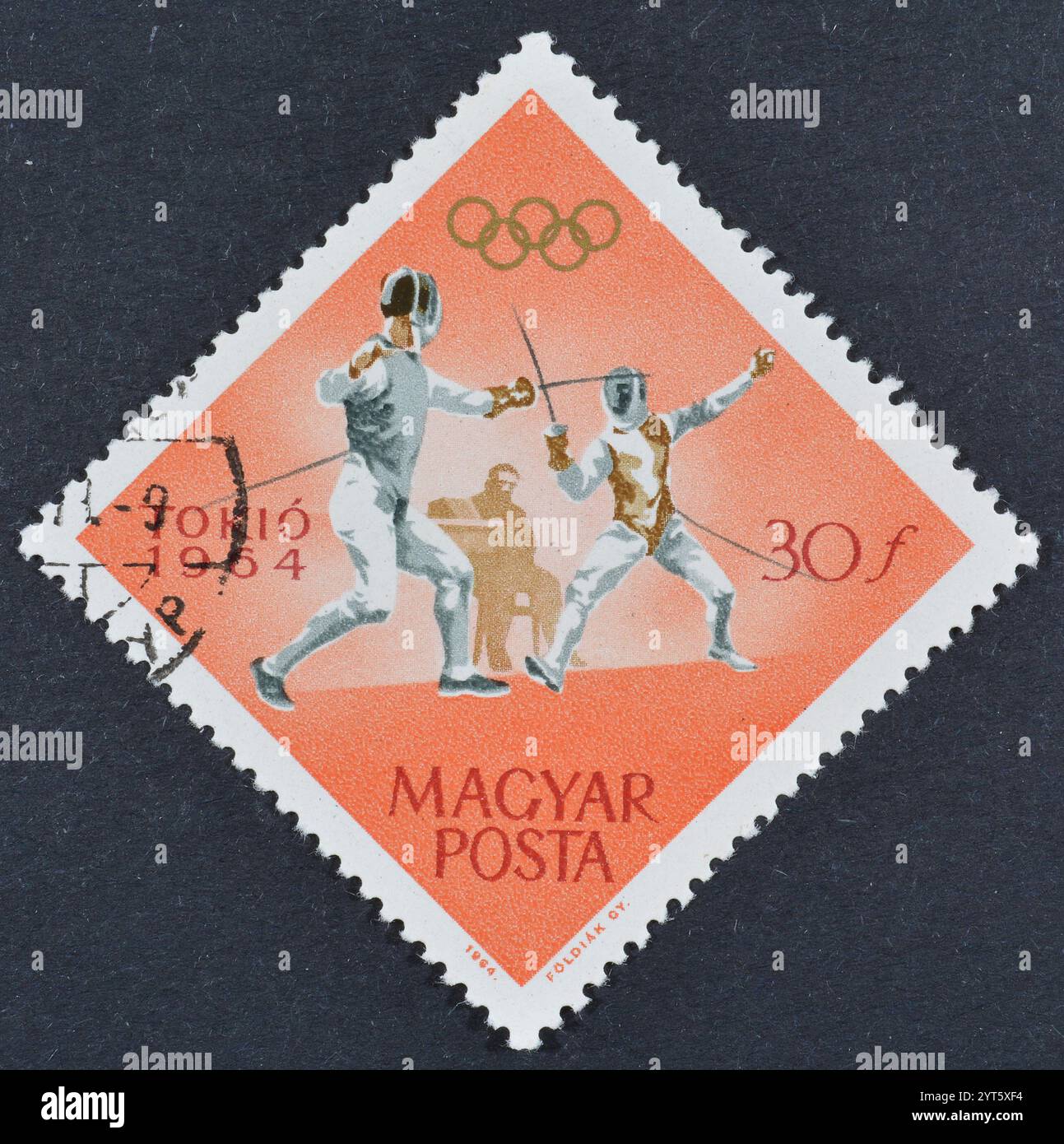 Cancelled postage stamp printed by Hungary, that shows Fencing ...