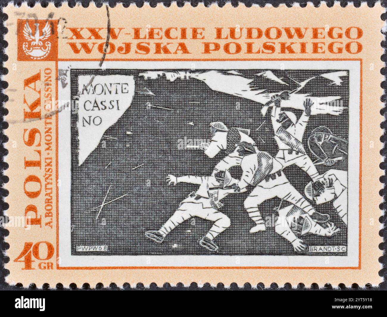 Postage stamp printed by Poland, that shows Painting "Battle of Monte ...