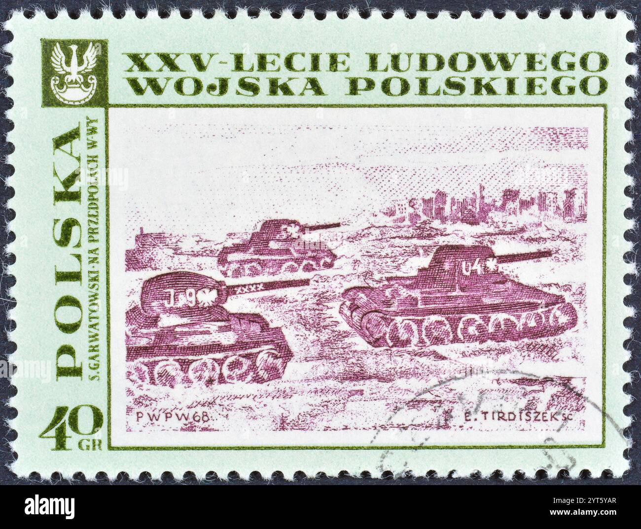 Postage stamp printed by Poland, that shows Painting "Tanks approaching ...