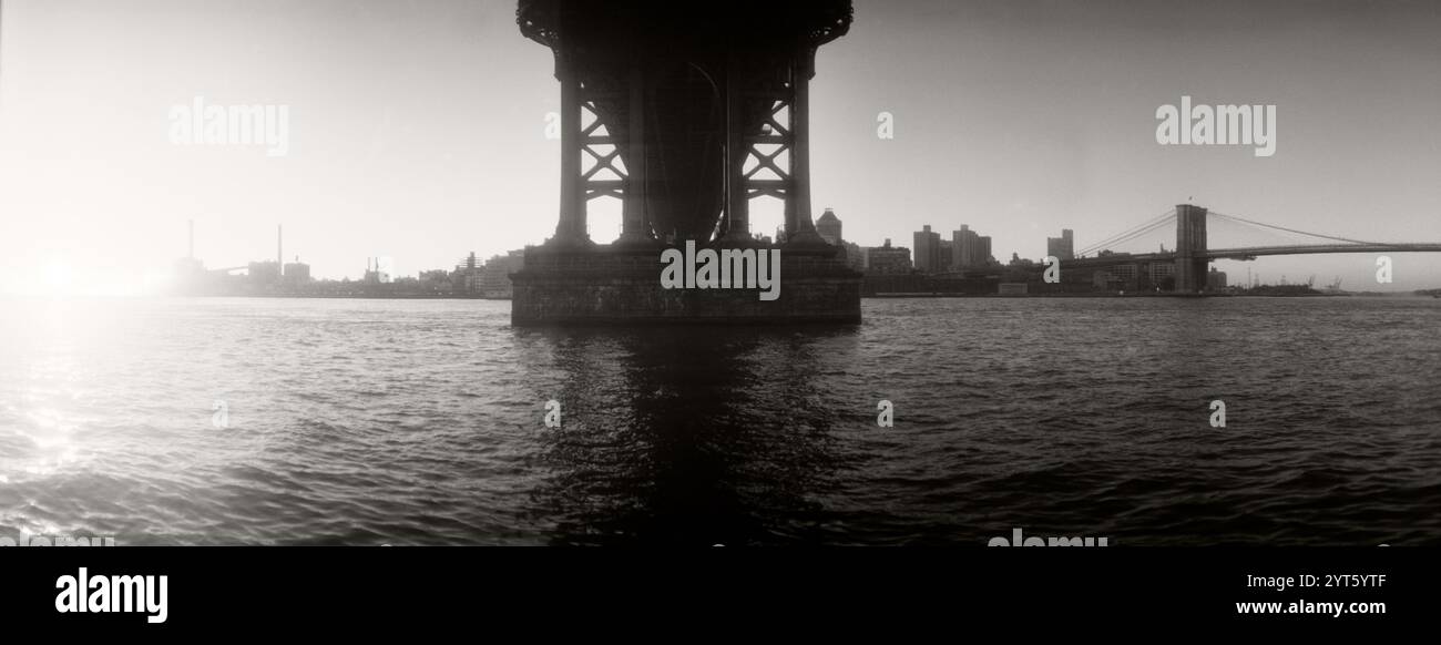 Panoramic view of the Williamsburg Bridge, East River, Lower East Side, Manhattan, New York City ...