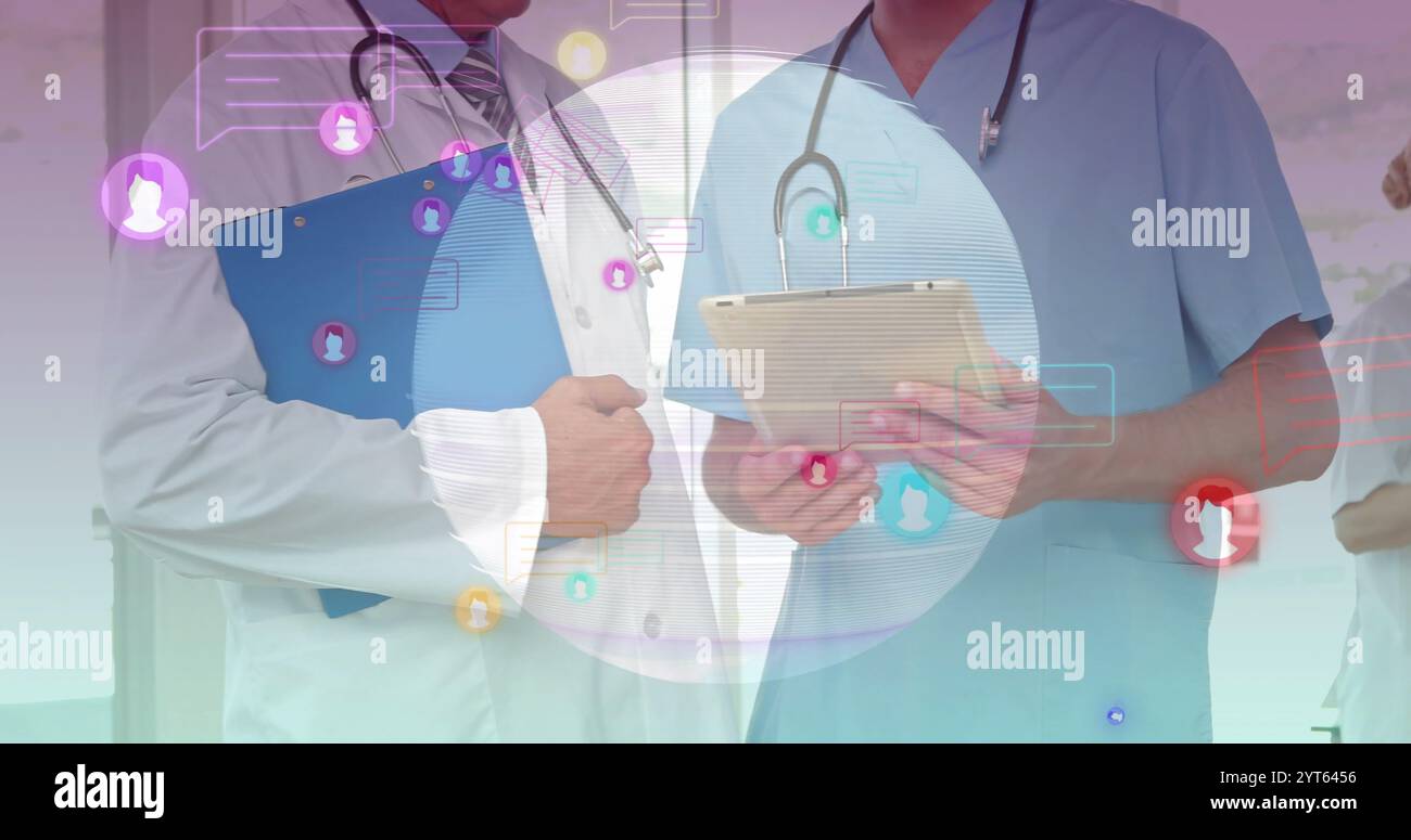 Image of social media icons and globe over diverse male doctors. Global ...