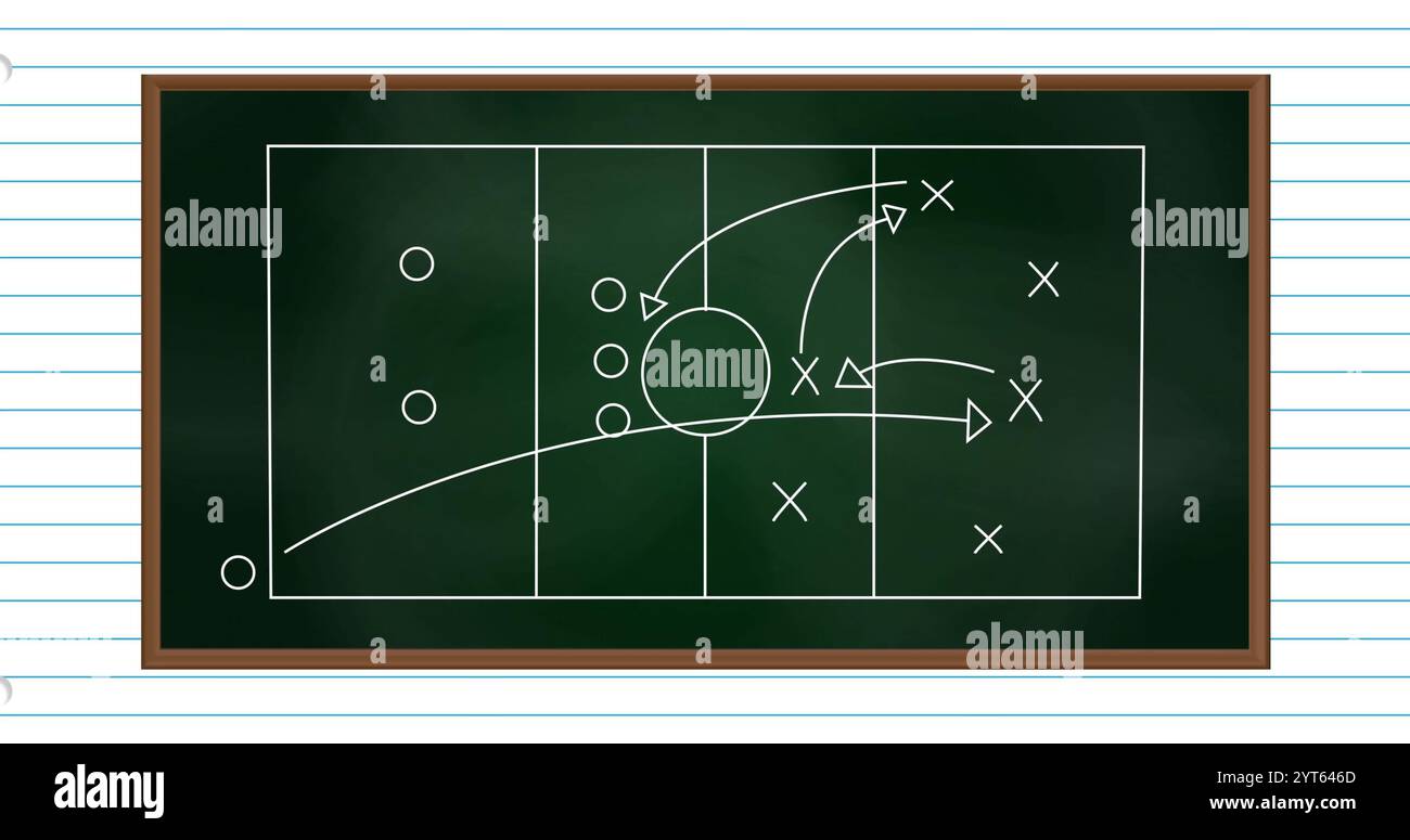 Image of game strategy drawn on sports field over ruled paper ...