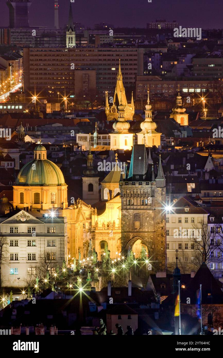 Prague - illuminated spires of the old town Stock Photo - Alamy