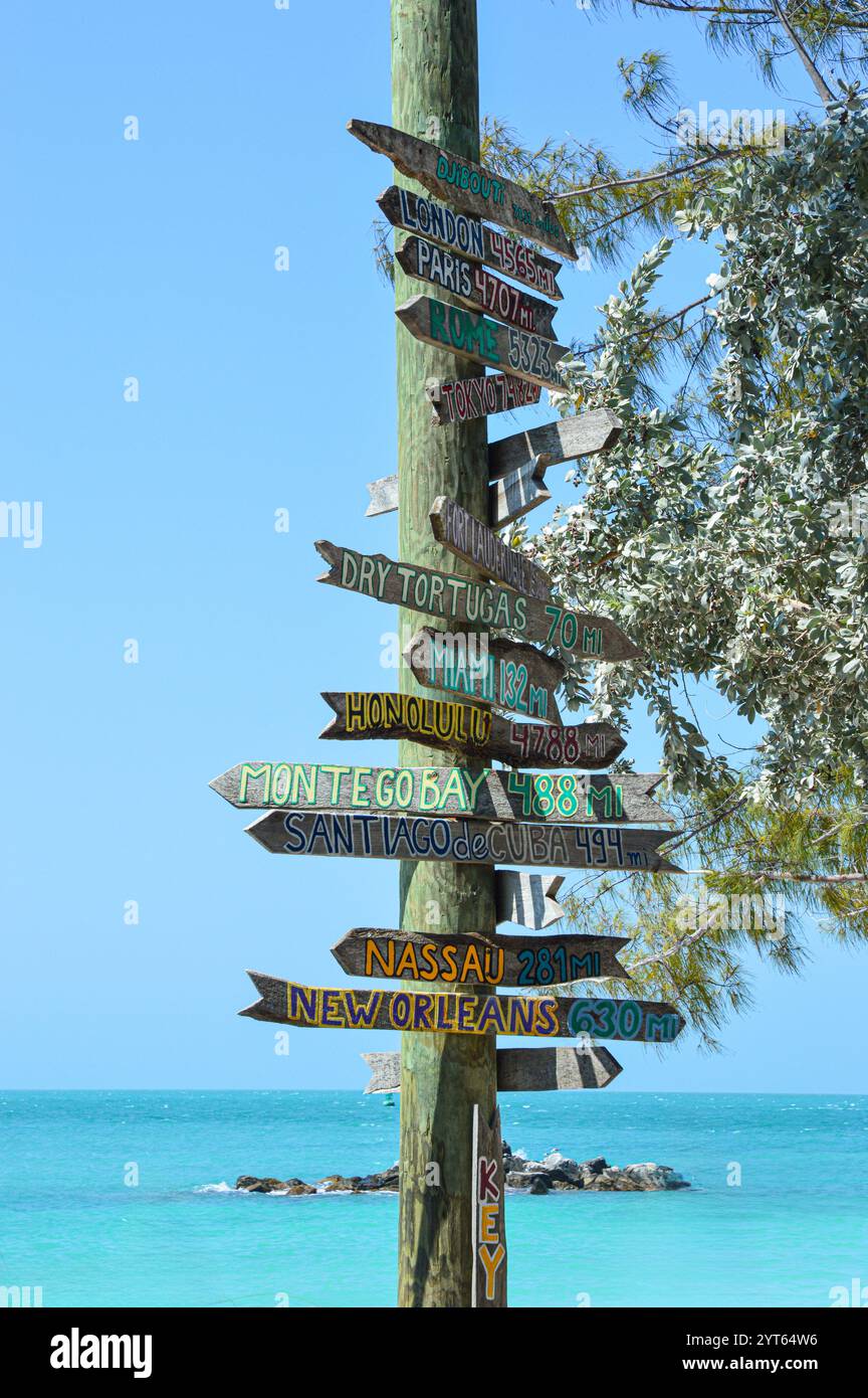 Wooden sign showing mileage to different places on beach in Key West ...