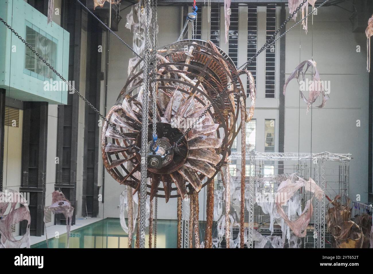 Open Wound with fabric hanging sculptures and mechanical installations ...