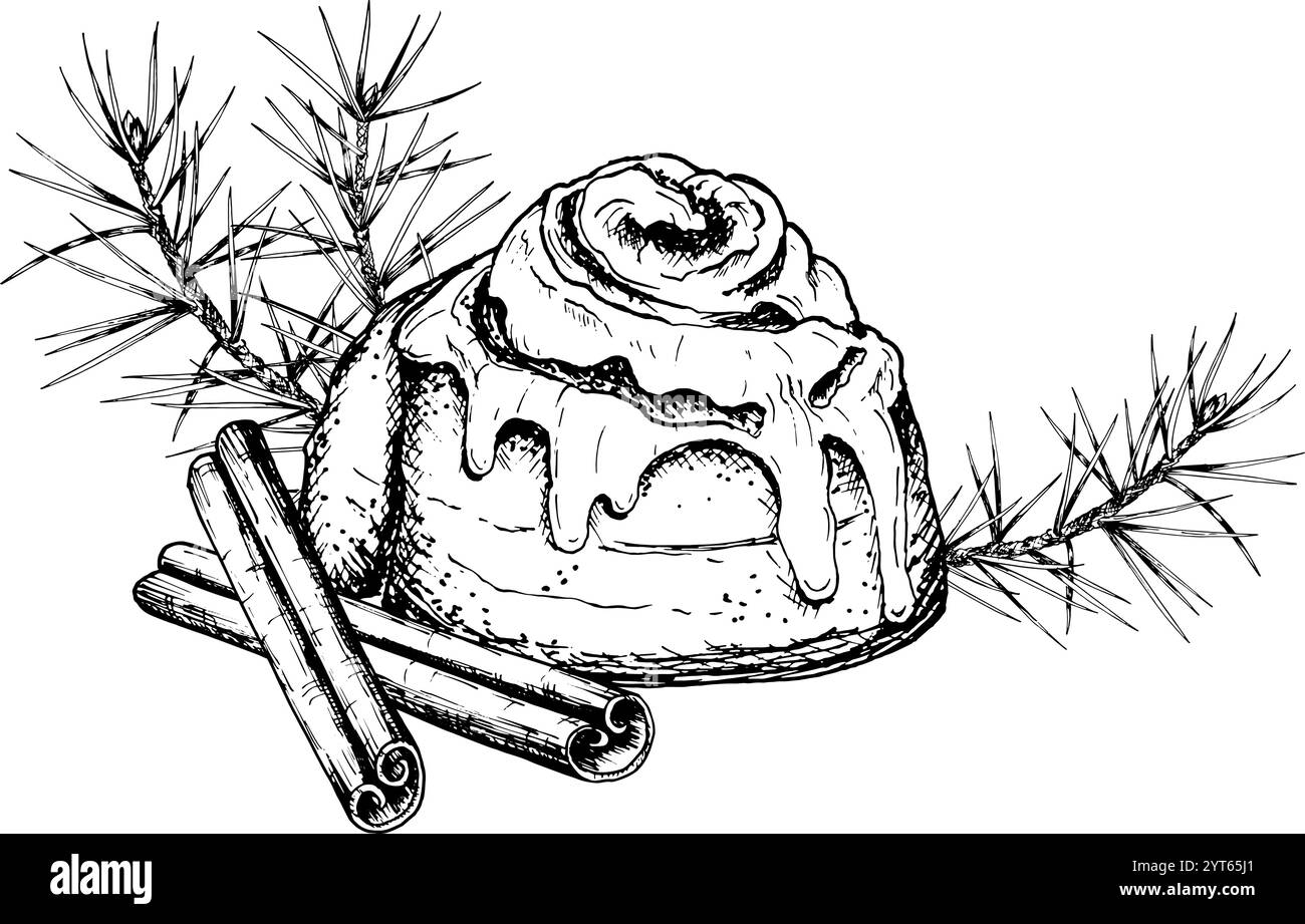 Vector hand drawn illustration of a cinnamon roll with icing, cinnamon ...