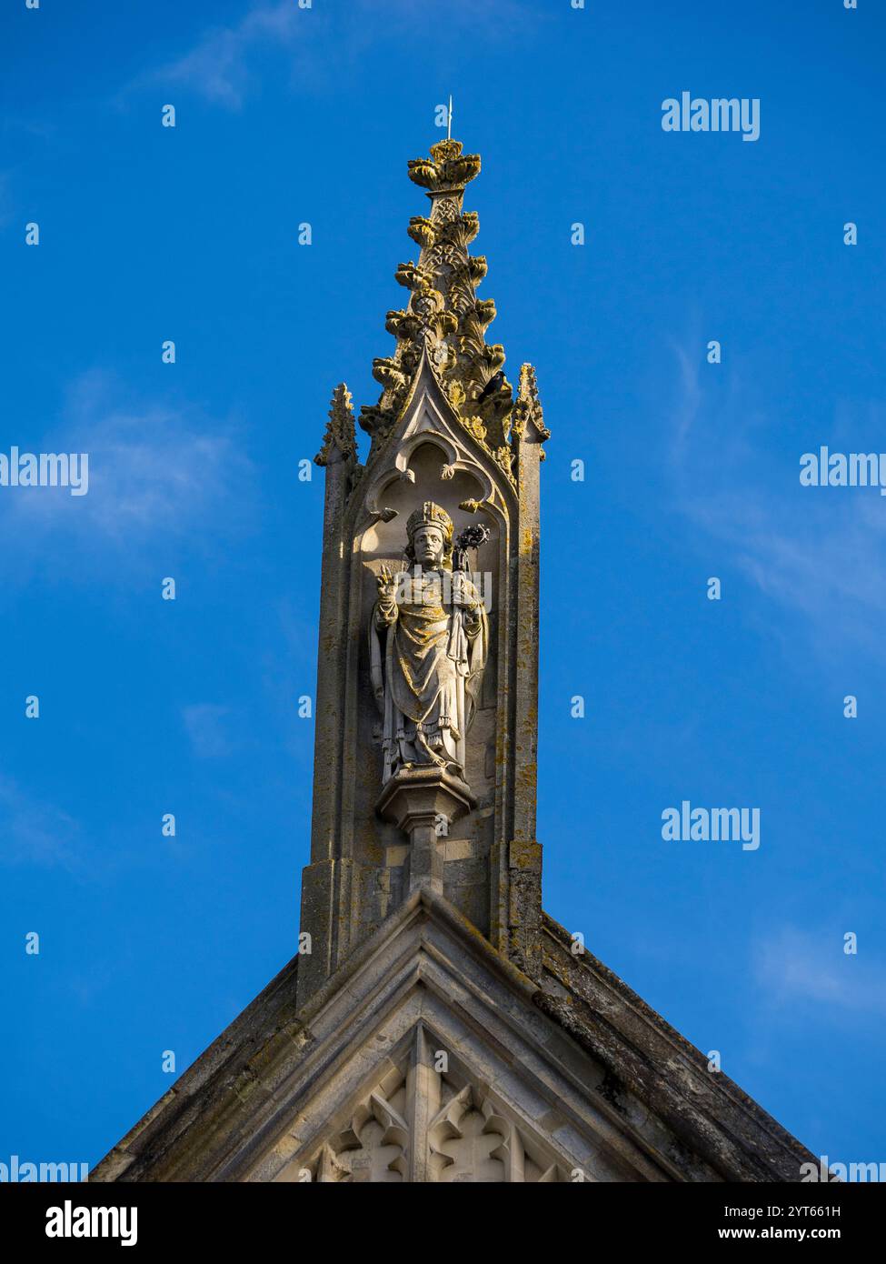 Statue of a Bishop on the West Front Spire, Winchester Cathedral ...