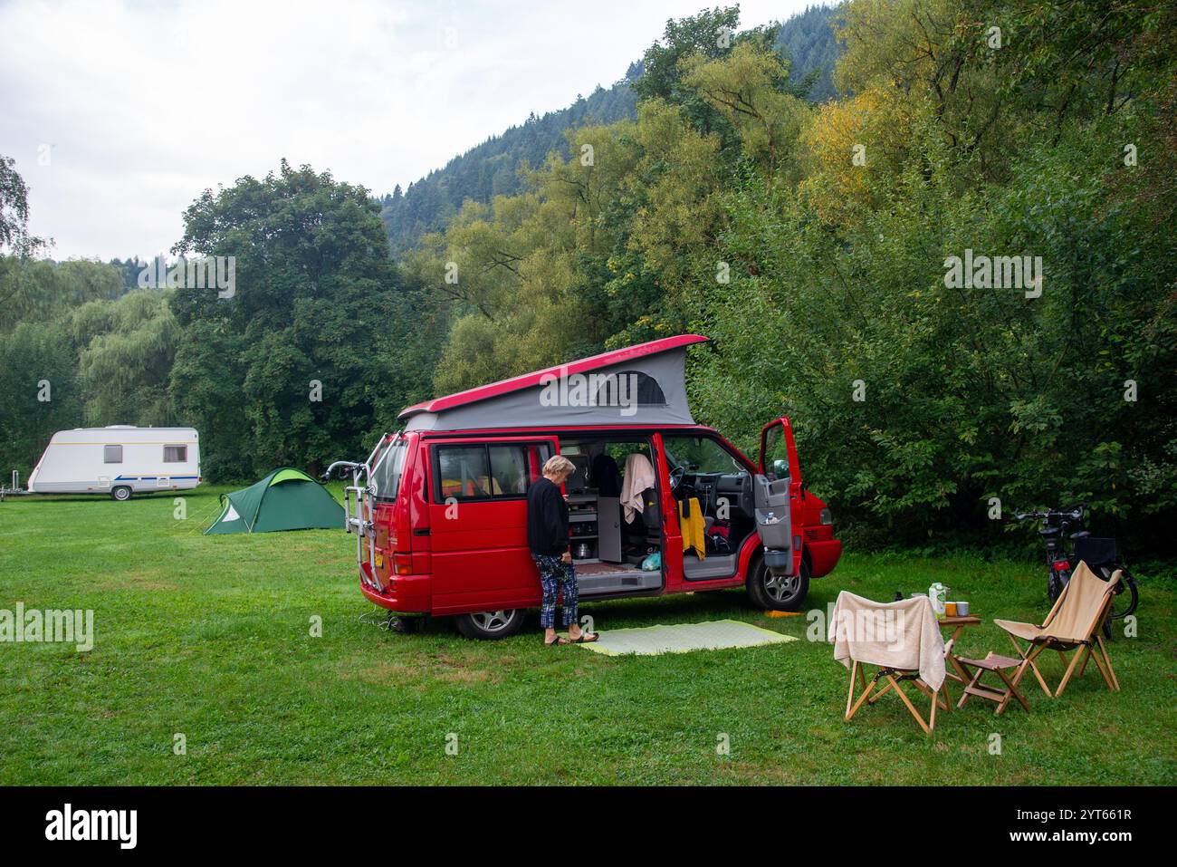 small red VW camper at campsite in Heidelberg, Germany Stock Photo - Alamy